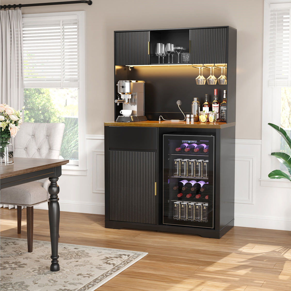 72" Tall Bar Cabinet with Fridge Space, Fluted Coffee Liquor Hutch Cab ...