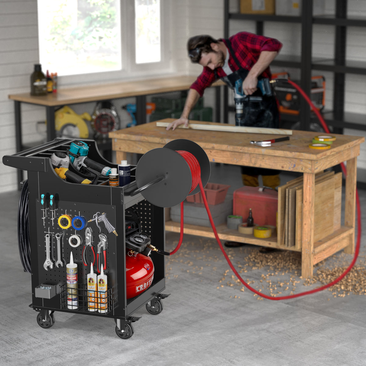 GDLF Portable Air Compressor Utility Cart with Air Hose Reel for up to ...